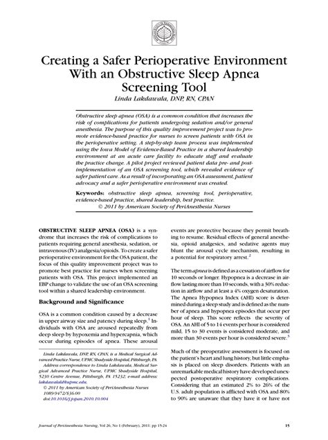 Pdf Creating A Safer Perioperative Environment With An Obstructive Sleep Apnea Screening Tool