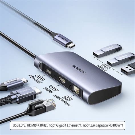 Док станция Type C Ugreen Переходник Usb Hub 6в1 Hdmi 4k30hz порт