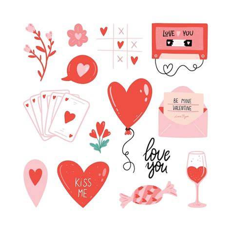발렌타인 데이 벡터 일러스트 레이 션 유행 컬러 팔레트와 귀여운 로맨틱 요소 D의 집합 프리미엄 벡터