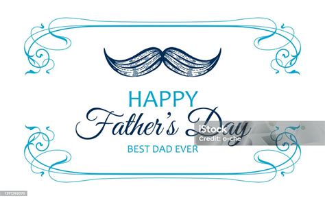 스케치 콧수염과 소용돌이 프레임이있는 행복한 아버지의 날 인사말 카드 하얀 배경에 신사 무스타치와 심장의 손으로 그린 그림과 함께 아빠 휴가를위한 벡터 포스터 0명에 대한