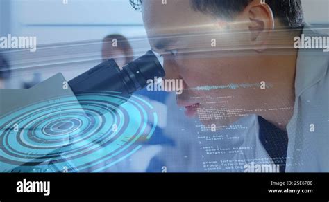Animation Of Scope Scanning And Data Processing Over Scientist Using Microscope Stock Video