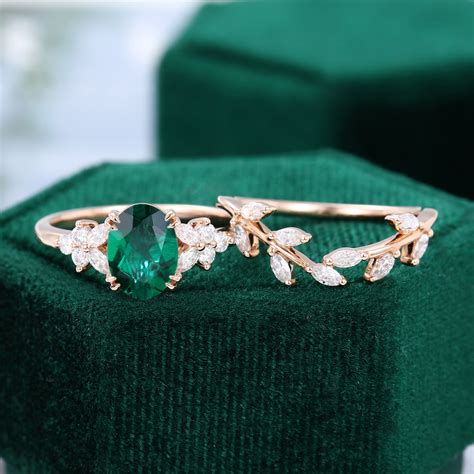 Oval Cut Emerald Rose Gold Leaf Engagement Ring Set Mollyjewelryus