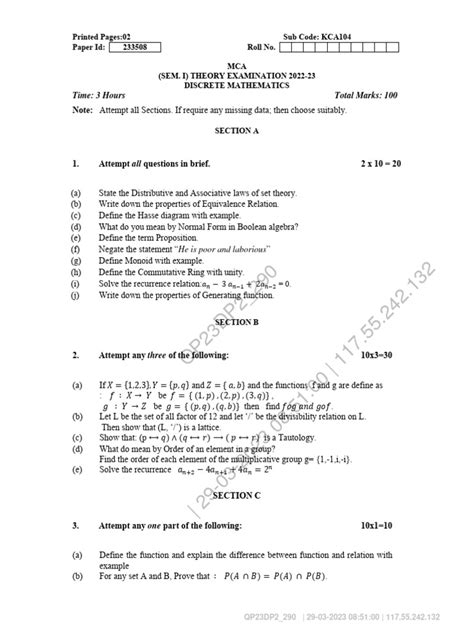 Mca 1 Sem Discrete Mathematics Kca104 2023 Pdf Mathematics Abstract Algebra
