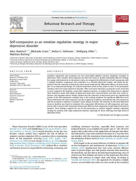 Pdf Self Compassion As An Emotion Regulation Strategy In Major Depressive Disorder