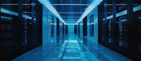 blue lit server room with rows of cabinets premium ai generated image