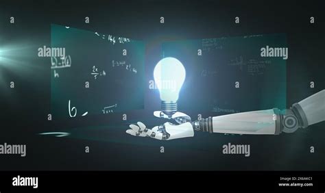 Image Of Robotic Arm With Lightbulb Over Mathematical Equations Stock