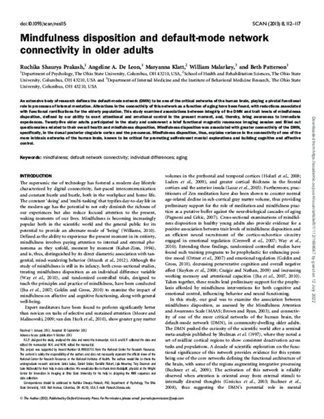 Pdf Mindfulness Disposition And Default Mode Network Connectivity In Older Adults