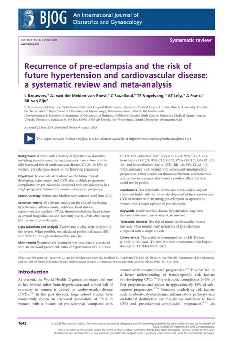 Pdf Recurrence Of Pre‐eclampsia And The Risk Of Future Hypertension And Cardiovascular Disease
