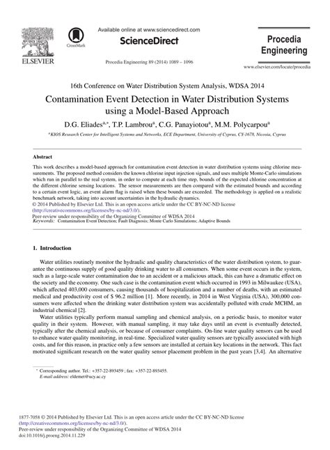 Pdf Contamination Event Detection In Drinking Water Systems Using A Real Time Learning Approach