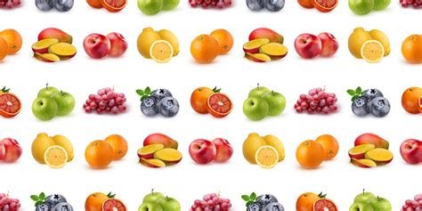 흰색 배경에 망고 사과 레몬 오렌지 포도 블루베리를 포함한 신선한 과일의 완벽 한 패턴 건강한 생활방식에 대한 스톡 사진 및 기타 이미지 Istock