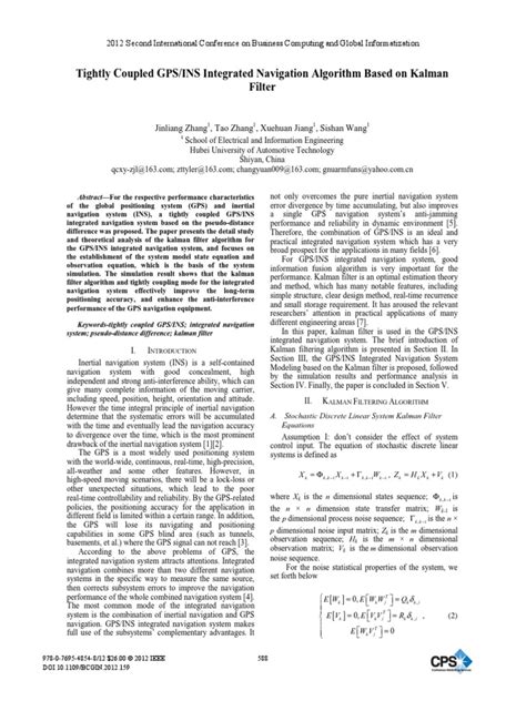 Tightly Coupled Gpsins Integrated Navigation Algorithm Based On Kalman Filter Pdf Kalman