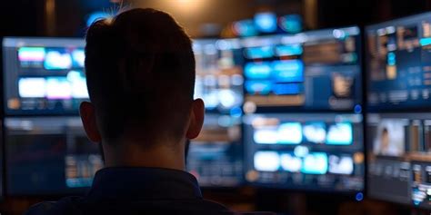 Monitoring Global Surveillance On Multiple Screens In Dim Control Room Concept Global