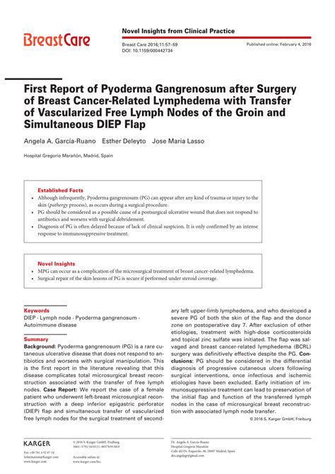 Pdf First Report Of Pyoderma Gangrenosum After Surgery Of Breast Cancer Related Lymphedema