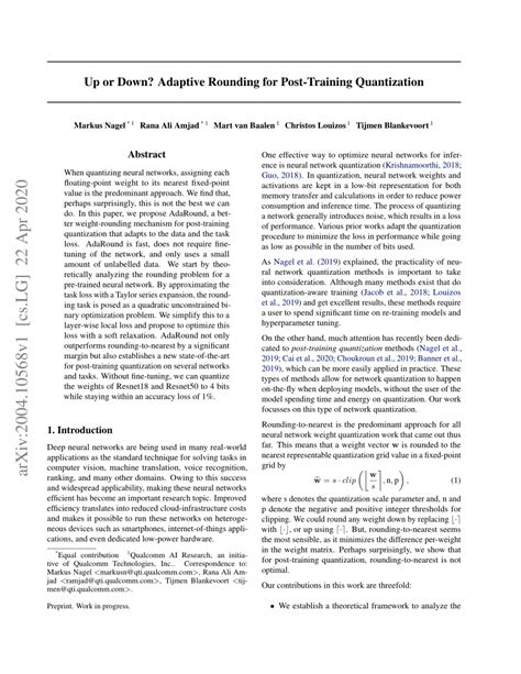 Pdf Up Or Down Adaptive Rounding For Post Training Quantization