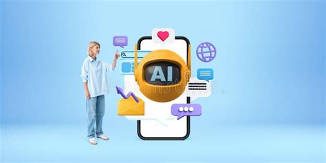 Young Woman Finger Touch Smartphone And Chat Bot Technology And Communication Stock Image