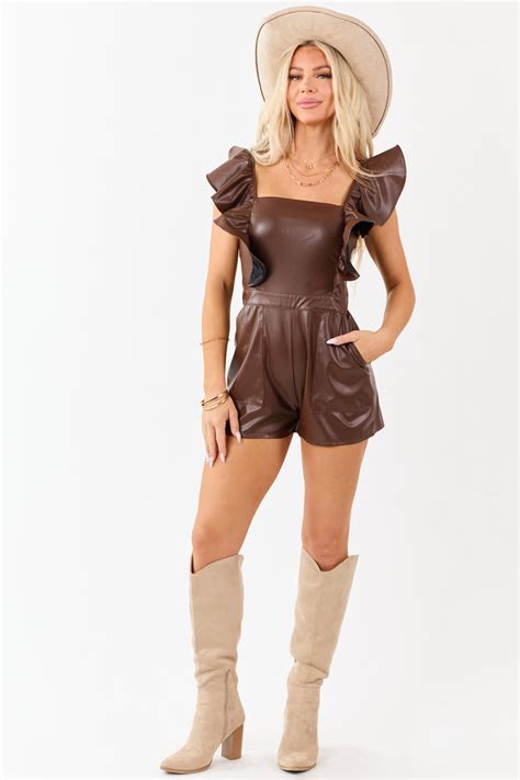 Spice Faux Leather Short Ruffle Sleeve Romper Lime Lush Boutique