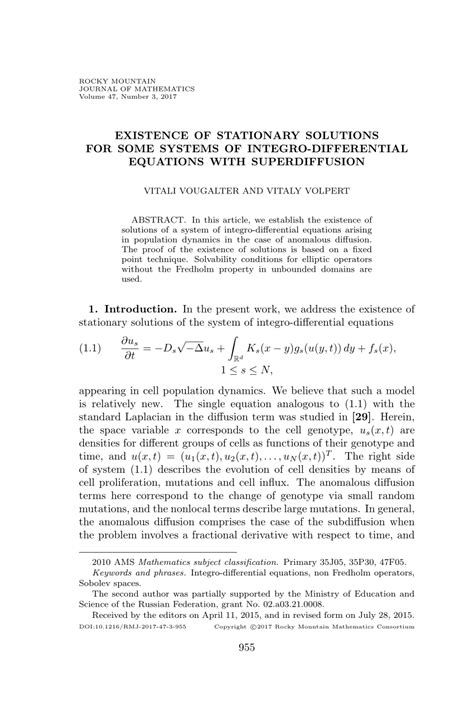 Pdf Existence Of Stationary Solutionsfor Some Systems Of Integro Differentialequations With