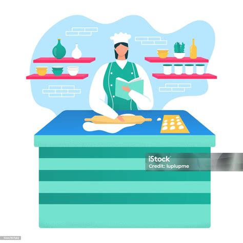 여자 요리사는 맛있는 음식을 준비하고 여성 캐릭터는 흰색으로 격리된 레시피 북 요리 베이커리 제품 평면 벡터 삽화를 들고