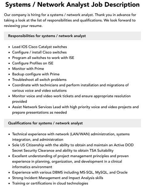 Systems Network Analyst Job Description Velvet Jobs
