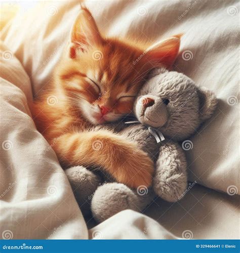 Sleeping Ginger Kitten Cuddling Teddy Bear In Morning Sunlight Close Up Stock Illustration