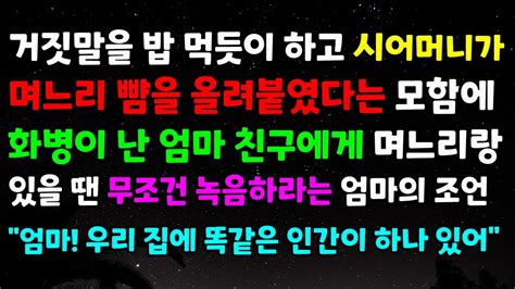 거짓말을 밥먹듯이 하고 시어머니가 며느리 뺨을 올려붙였다는 모함에 화병이 난 엄마 친구에게 며느리랑 있을땐 무조건 녹음하라는 엄마의 조언 엄마 우리집에 똑같은 인간이