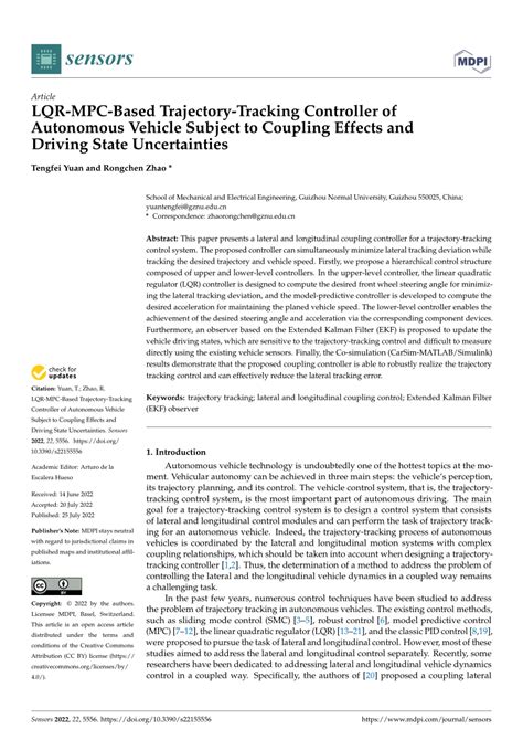 Pdf Lqr Mpc Based Trajectory Tracking Controller Of Autonomous Vehicle Subject To Coupling