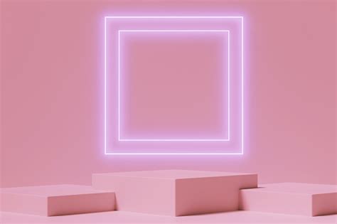 세 개의 정사각형 연단과 분홍색 배경의 벽에 네온 프레임 3d 렌더링 형광색의에 대한 스톡 사진 및 기타 이미지 형광색의 3차원 형태 강단 Istock