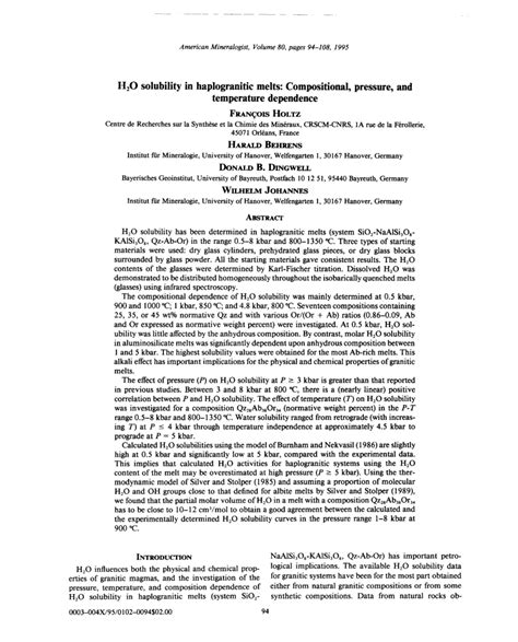 Pdf H2o Solubility In Haplogranitic Melts Compositional Pressure