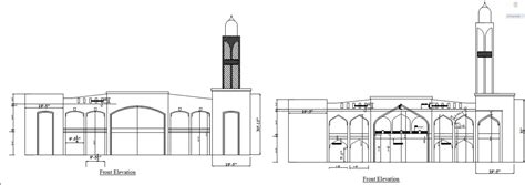 Front Elevation Of The Mosque Design With Dimension Details In Autocad 2d Drawing Cad File Dwg