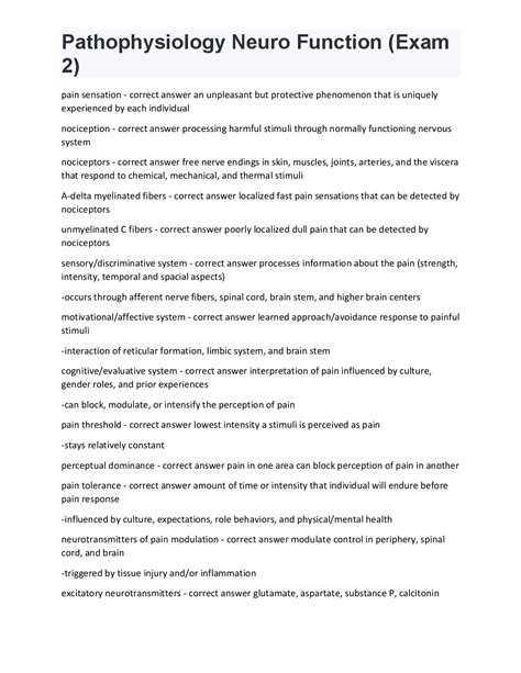 Pathophysiology Neuro Function Exam 2 200 Questions With Verified