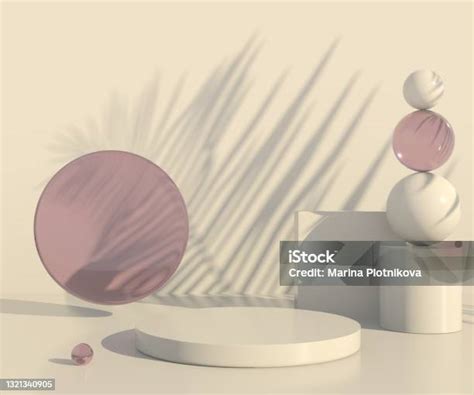 기하학적 형태의 최소한의 장면 그림자가있는 크림 배경의 연단 화장품 쇼케이스 숍프론트 디스플레이 케이스를 보여주는 장면 3d 3차원 형태에 대한 스톡 사진 및 기타 이미지