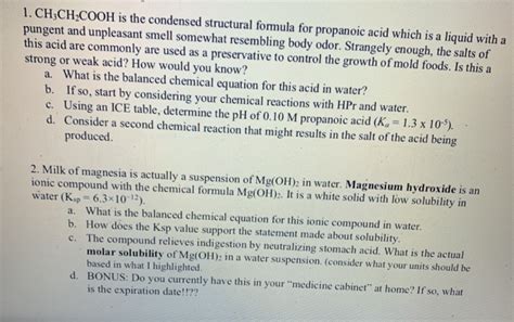Solved CH CH COOH Is The Condensed Structural Formula For Chegg Com