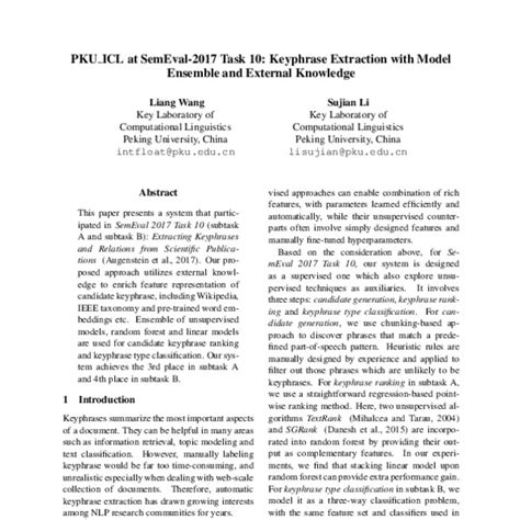 Pkuicl At Semeval 2017 Task 10 Keyphrase Extraction With Model Ensemble And External Knowledge