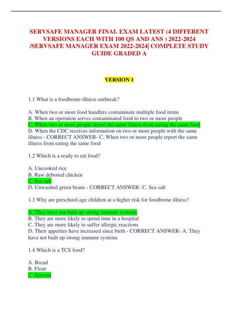 SERVSAFE MANAGER FINAL EXAM LATEST DIFFERENT VERSIONS EACH WITH QS AND ANS SERVSAFE