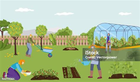 쾌활한 농부 사람들은 자연 농장 캐릭터 사용 주방 정원 도구 평면 벡터 삽화 녹색 채소 식물을 수확합니다 가정 생활에 대한 스톡 벡터 아트 및 기타 이미지 Istock
