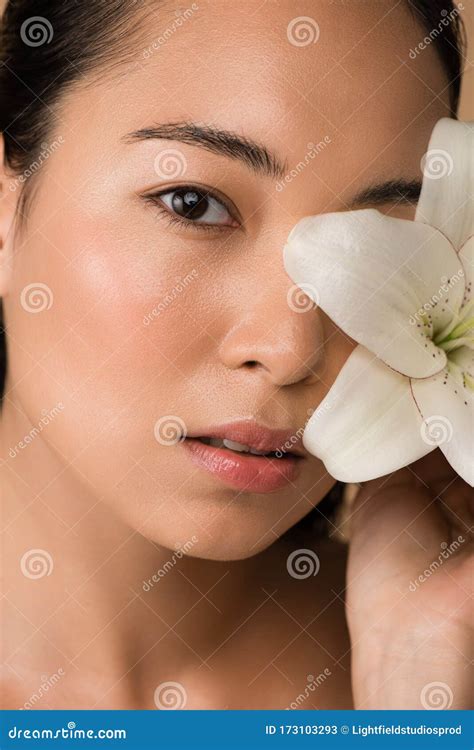 Beautiful Naked Asian Girl Holding White Stock Image Image Of Lily