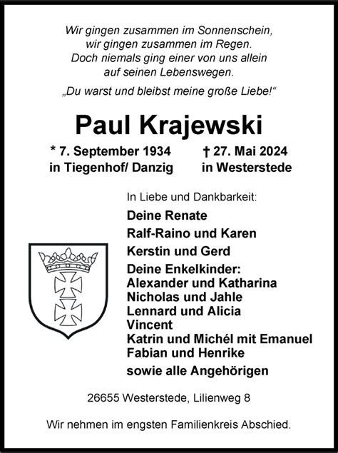 Traueranzeigen Von Paul Krajewski Nordwest Trauer De