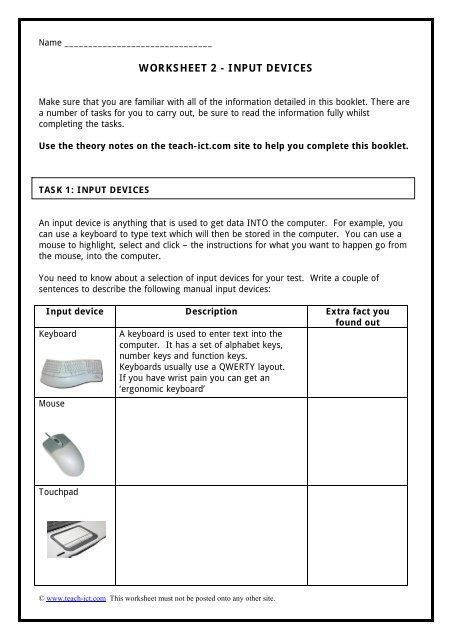 WORKSHEET 2 INPUT DEVICES Teach ICT