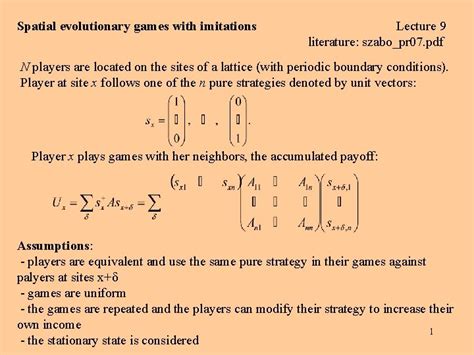 Spatial Evolutionary Games With Imitations Lecture 9 Literature