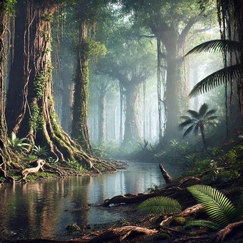 Jurassic Jungle Ancient Ferns And Trees With A River Stock Illustration Illustration Of