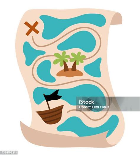 벡터 보물 섬지도 아이콘 해적 계획 일러스트레이션 플랫 컬러 보석 사냥 가이드 흰색 배경에 고립 된 오래된 바다 경로 종이 모험에 대한 스톡 벡터 아트 및 기타 이미지