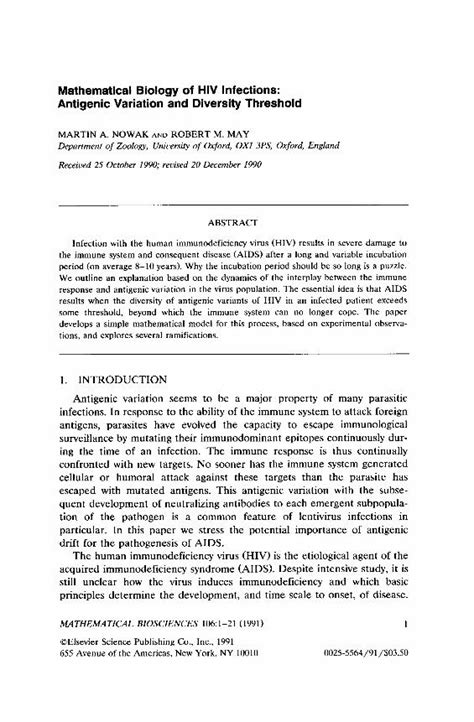 Pdf Mathematical Biology Of Hiv Infections Antigenic · The Genetic Metamorphosis Of The
