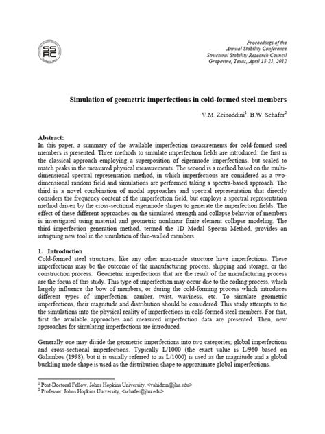 Simulation Of Geometric Imperfections In Cold Formed Steel Members Pdf Spectral Density