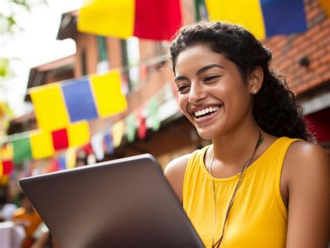 Premium Ai Image Woman From Colombia Working On A Laptop In A Vibrant