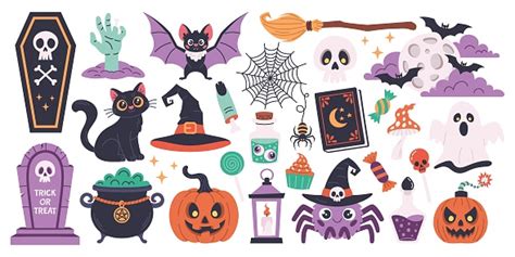 해피 할로윈 데이 배경 요소 벡터입니다 소름 끼치는 유령 호박 박쥐 사탕 고양이 두개골 거미 무덤 좀비 손의 귀여운 컬렉션 장식을 위한 사랑스러운 할로윈 축제 요소 프린트