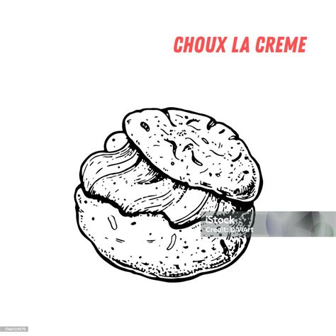 프랑스 디저트 슈 라 크림 스케치 프렌치 페이스트리 음식 메뉴 디자인 템플릿입니다 손으로 그린 스케치 벡터 그림 슈크림 페이스트리에 대한 스톡 벡터 아트 및 기타 이미지