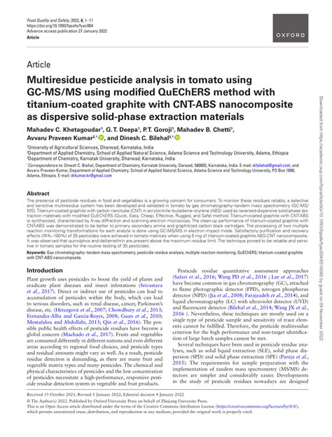 Pdf Multiresidue Pesticide Analysis In Tomato Using Gc Ms Ms Using Modified Quechers Method
