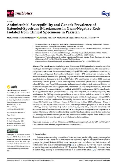 Pdf Antimicrobial Susceptibility And Genetic Prevalence Of Extended Spectrum β Lactamases In