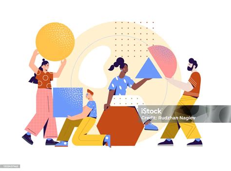 흰색 배경에 함께 추상기하학적 모양을 구성하는 남성과 여성 캐릭터 등장인물에 대한 스톡 벡터 아트 및 기타 이미지 등장인물