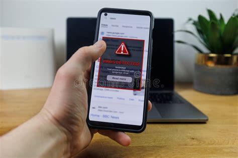 Virus Warning Notification On Phone Screen Dangerous Malware Virus In Phone Concept Stock Image